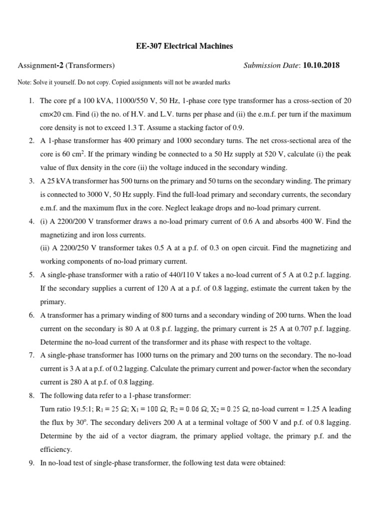 EE-307 Assignment-2 | PDF | Transformer | Electrical Engineering