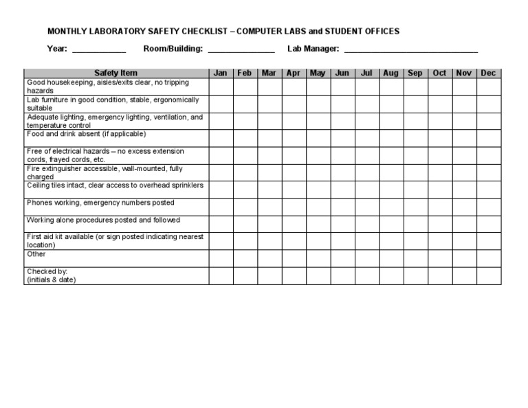Monthly Computer Lab Safety Checklist | PDF