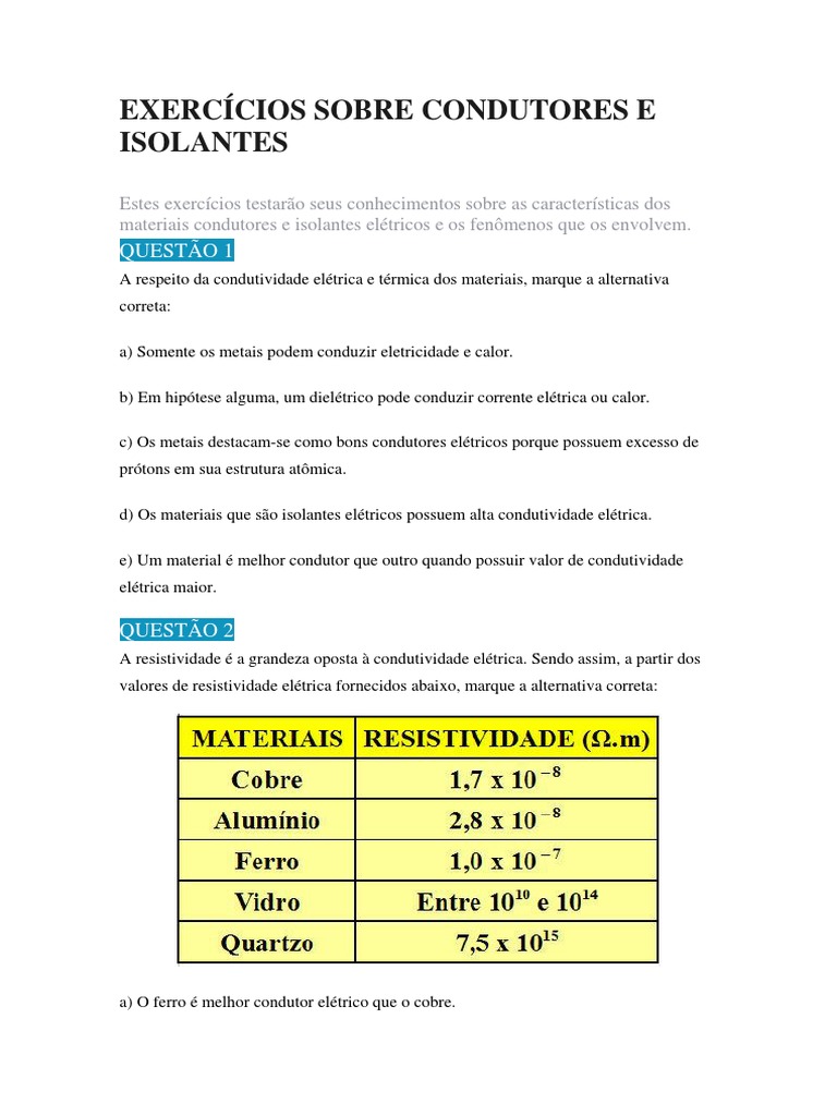 Exercícios Sobre Condutores e Isolantes | Condutor Elétrico ...