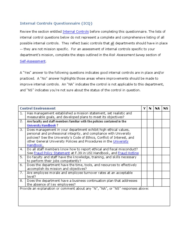 Internal Controls Questionnaire | Download Free PDF | Internal Control ...