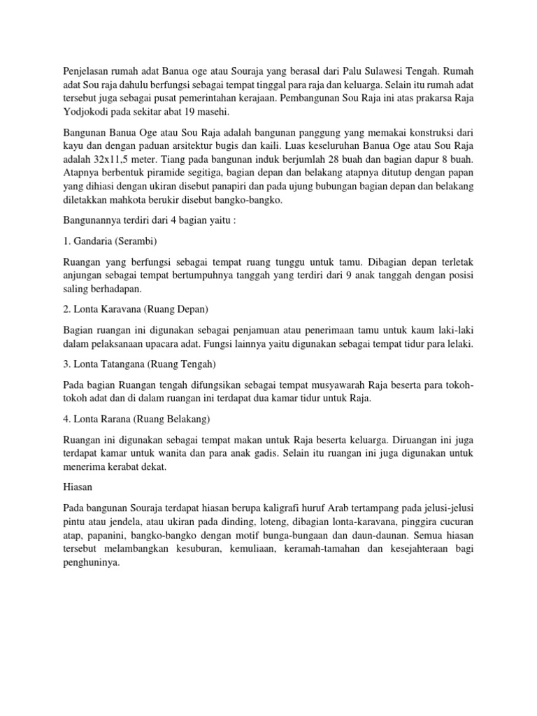 Penjelasan Rumah Adat Banua Oge Atau Souraja Yang Berasal Dari Palu ...