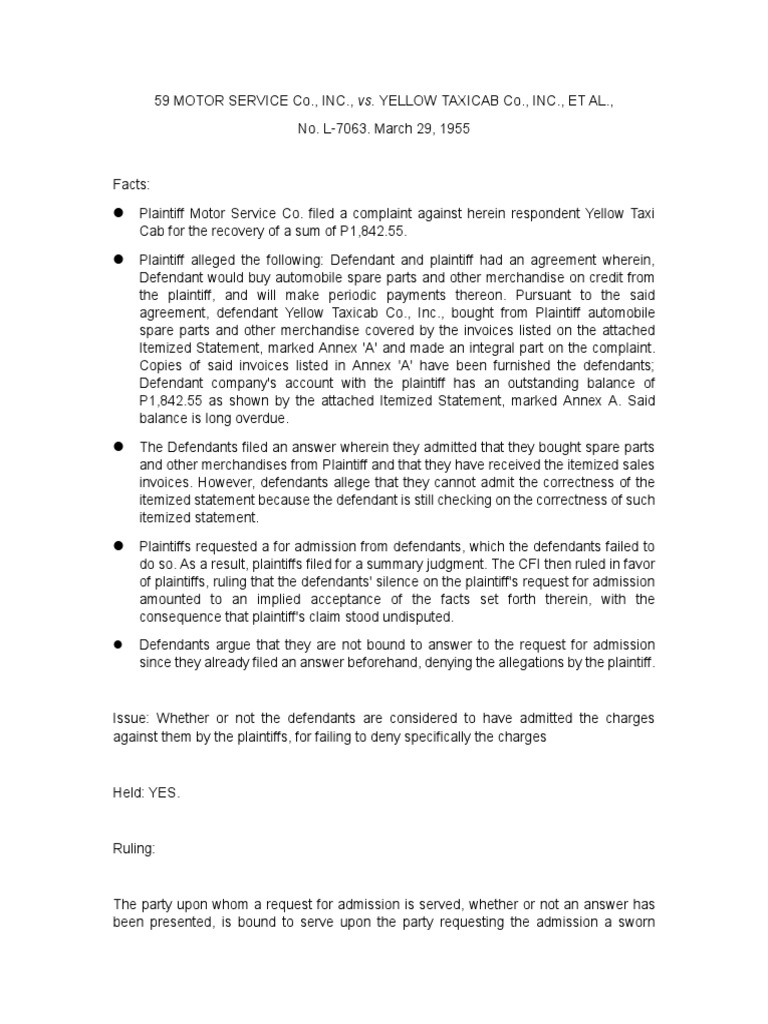 59 Motor Services Vs Yellow Taxicab Co. | PDF | Affidavit | Summary ...