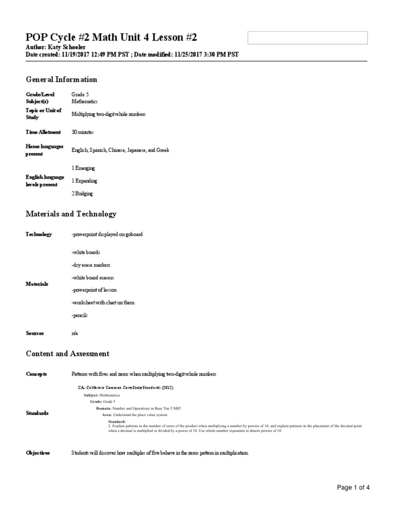 Pop Cycle 2 Lesson | PDF | Multiplication | Numbers