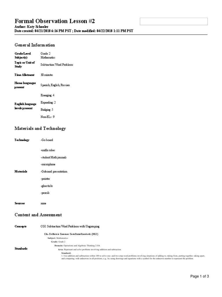 Formal Observation Lesson 2 | PDF | Common Core State Standards ...