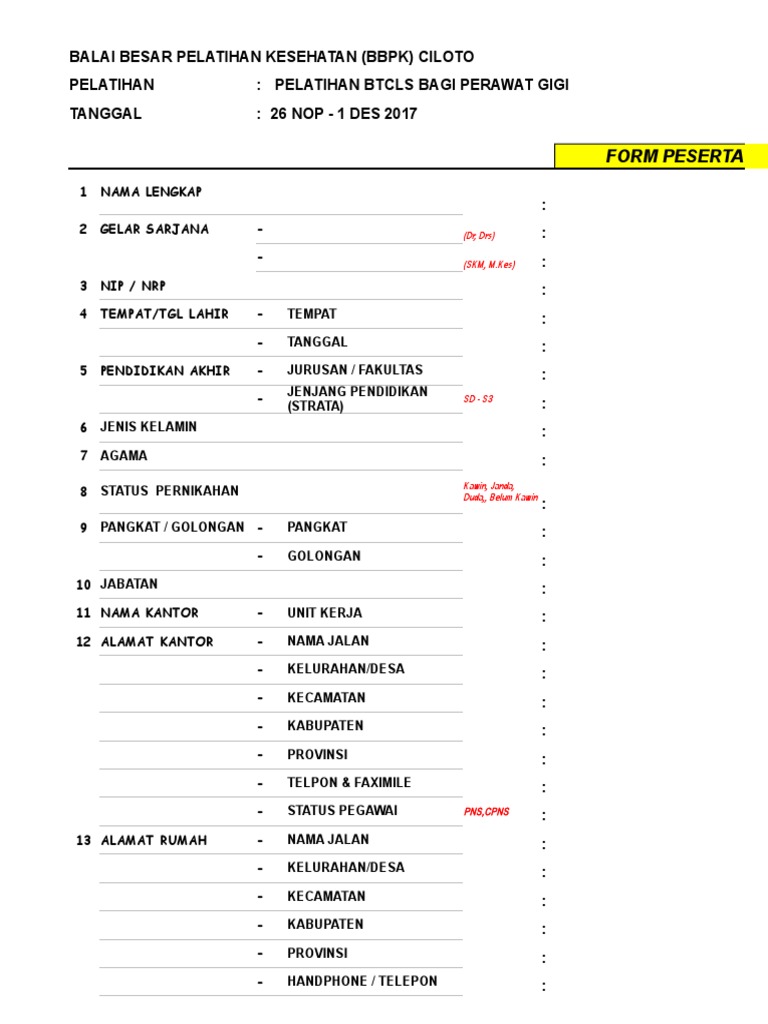 Biodata Peserta BTCLS Bagi Perawat Gigi 27 Nop - 1 Des 2017 | PDF