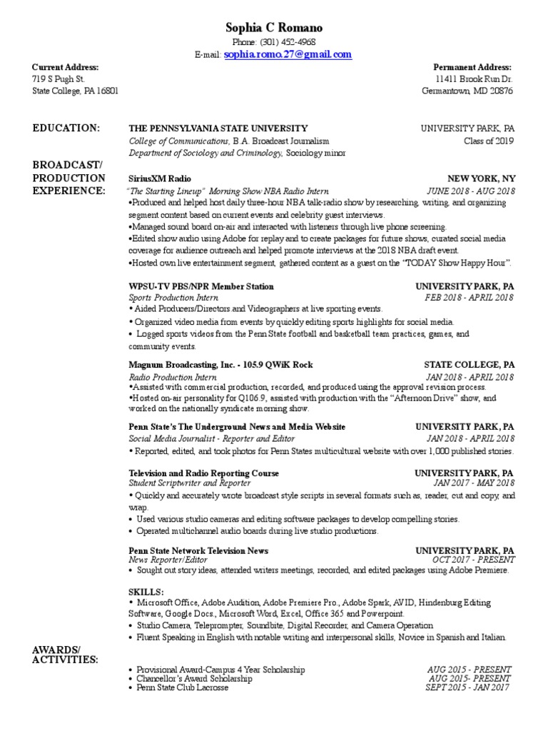 Sophia Romano Resume 2 20 19 2 | PDF | Public Opinion | Mass Media