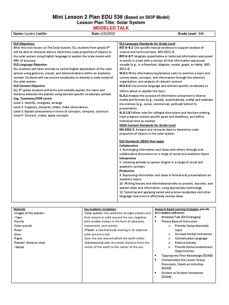 Mini Lesson Plan 2 Solar System | PDF | Reading Comprehension ...