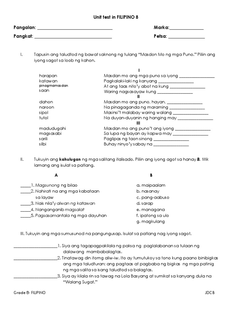 Unit Test in FILIPINO 8 | PDF