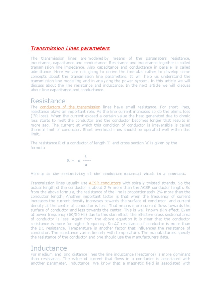 Transmission Line Parameters Explained | PDF | Inductance | Electrical ...