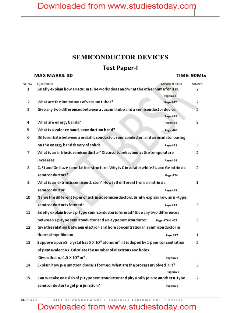 CBSE Class 12 Physics Semiconductor Devices Important Questions | PDF ...