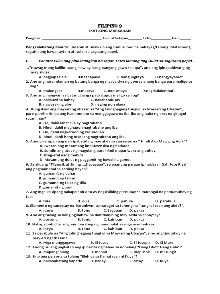 Pagsusulit Sa Filipino 9 | PDF