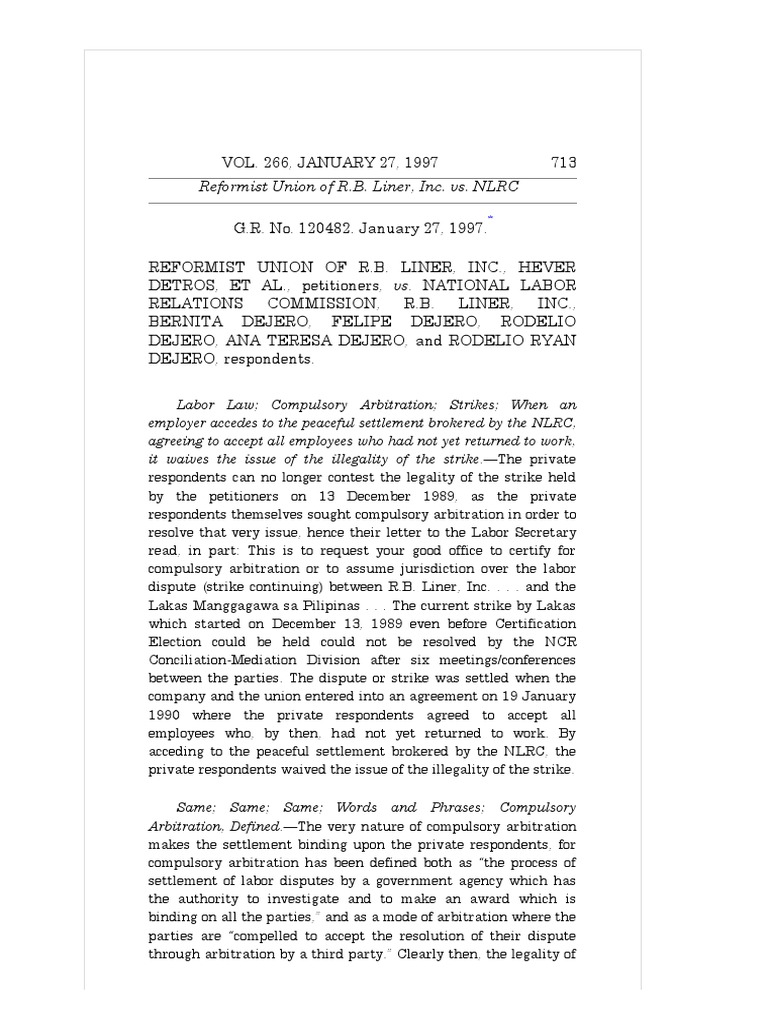Reformist Union of R.B. Liner vs. NLRC | PDF | Strike Action | Arbitration