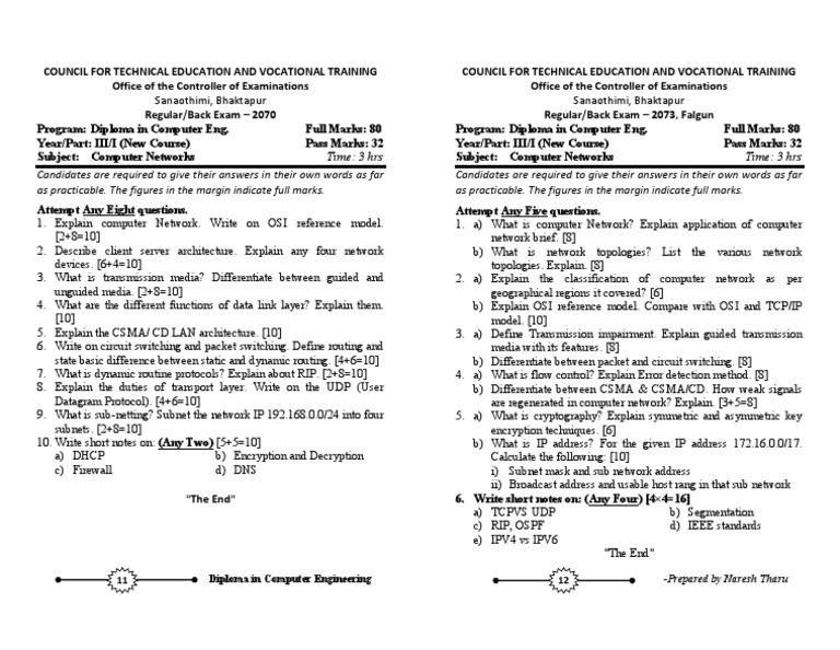 Question Paper of Computer Network | PDF | Internet Protocol Suite ...