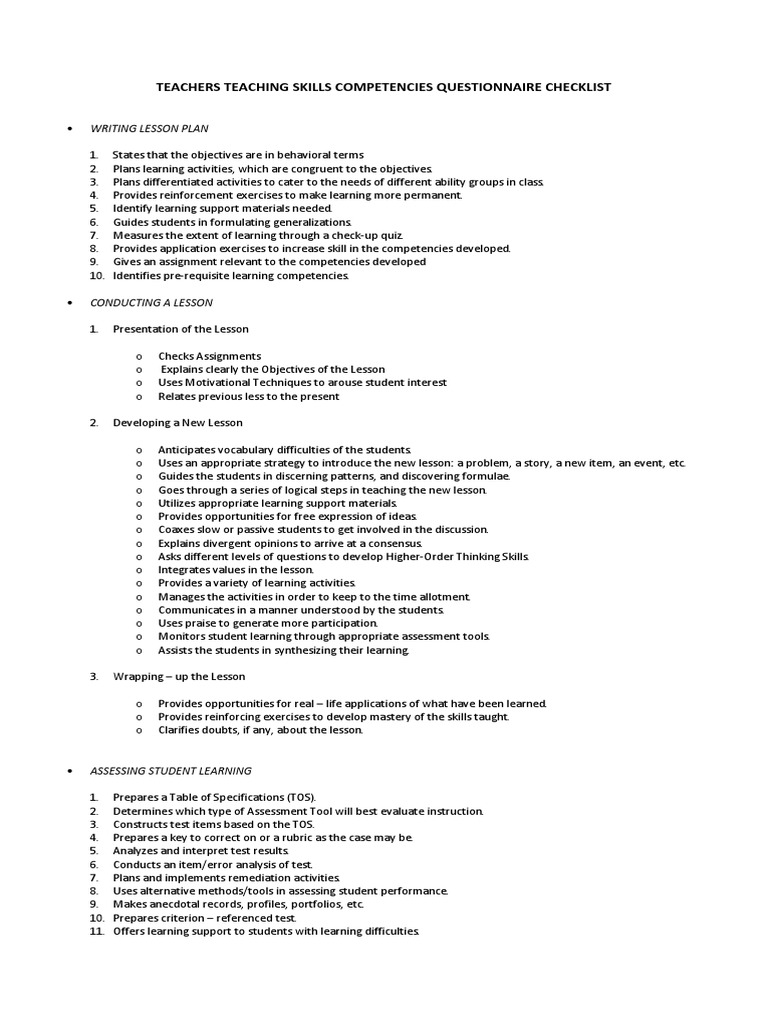 Teacher Skills and Competencies Checklist | PDF | Learning Styles ...