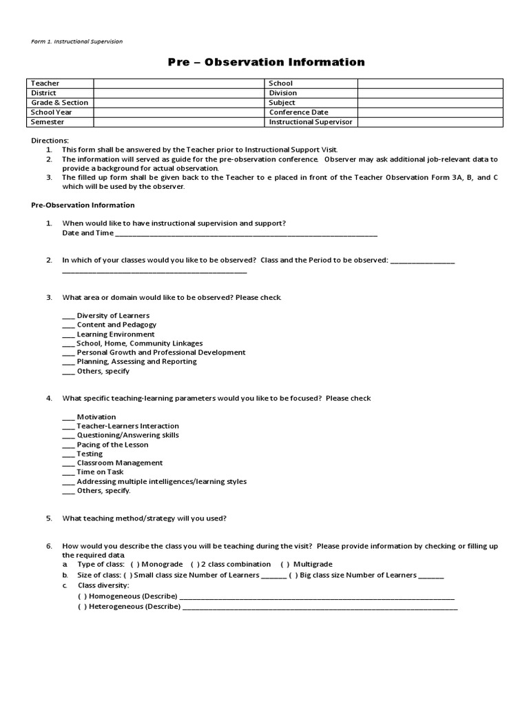 Form 1. Pre-Observation | PDF | Teaching Method | Teachers