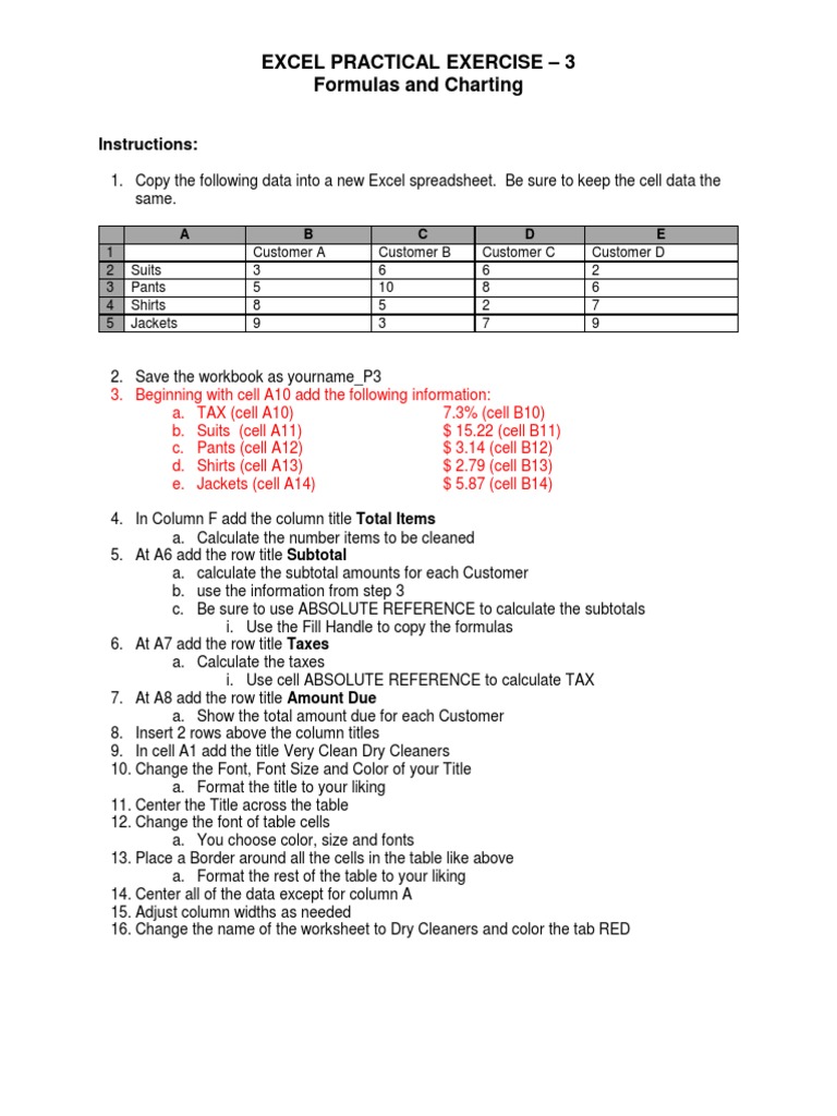 Excel Practical Exercise - 3 Formulas and Charting: Instructions | PDF ...