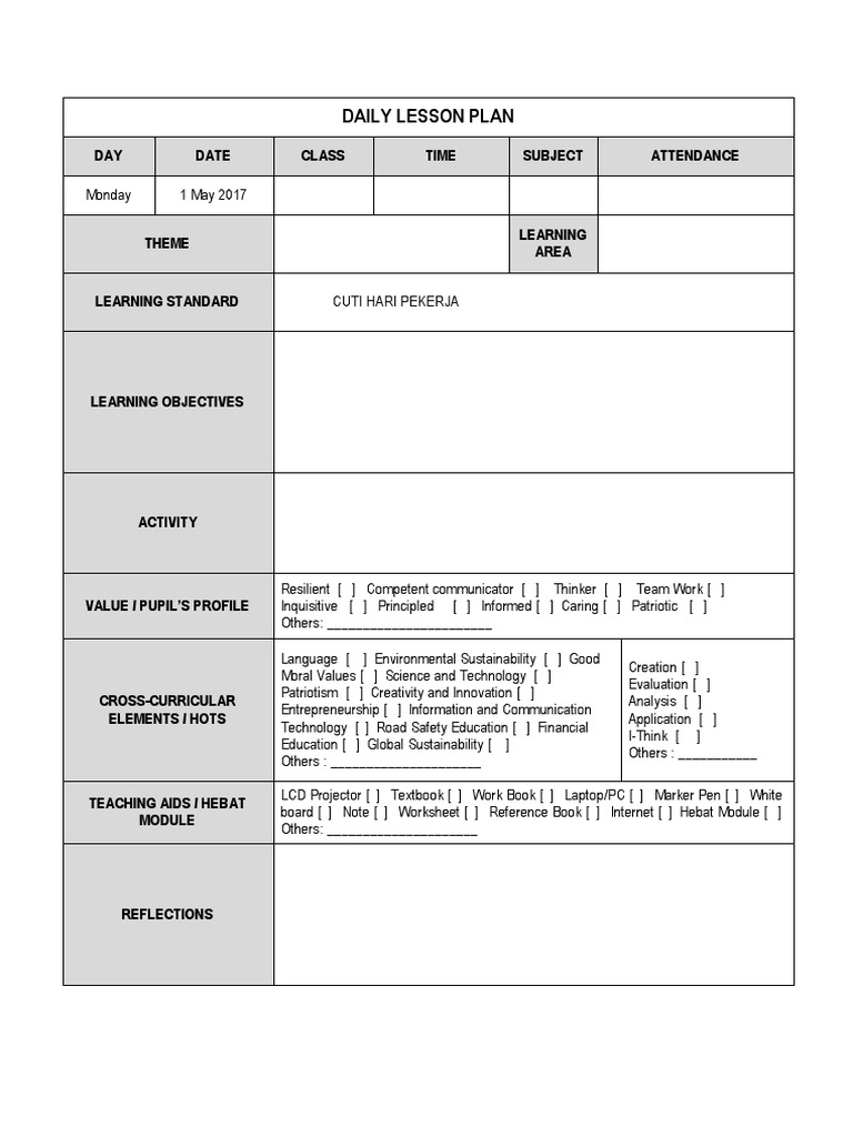 Daily Lesson Plan: DAY Date Class Time Subject Attendance | PDF ...