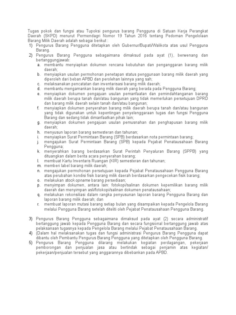 Tugas Pokok Dan Fungsi Atau Tupoksi Pengurus Barang | PDF