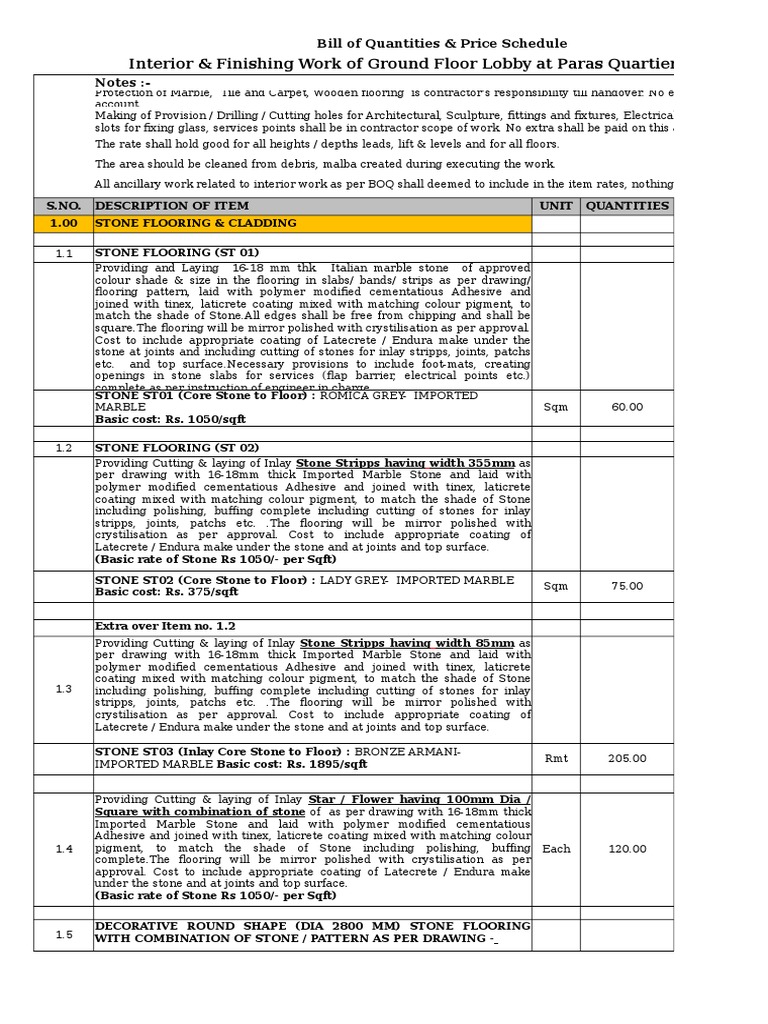 Bill of Quantities & Price Schedule - Lobby Interiors | PDF | Flooring ...