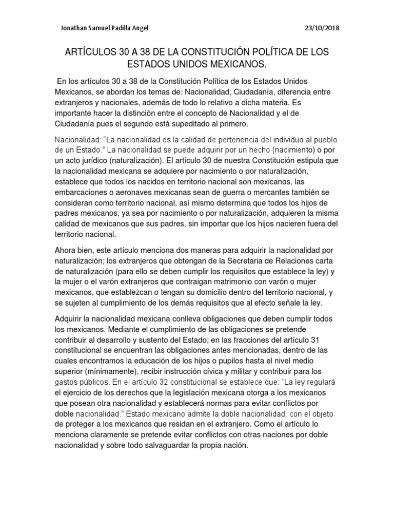 Artículos 30 a 38 de la Constitución Mexicana | PDF | Naturalización ...