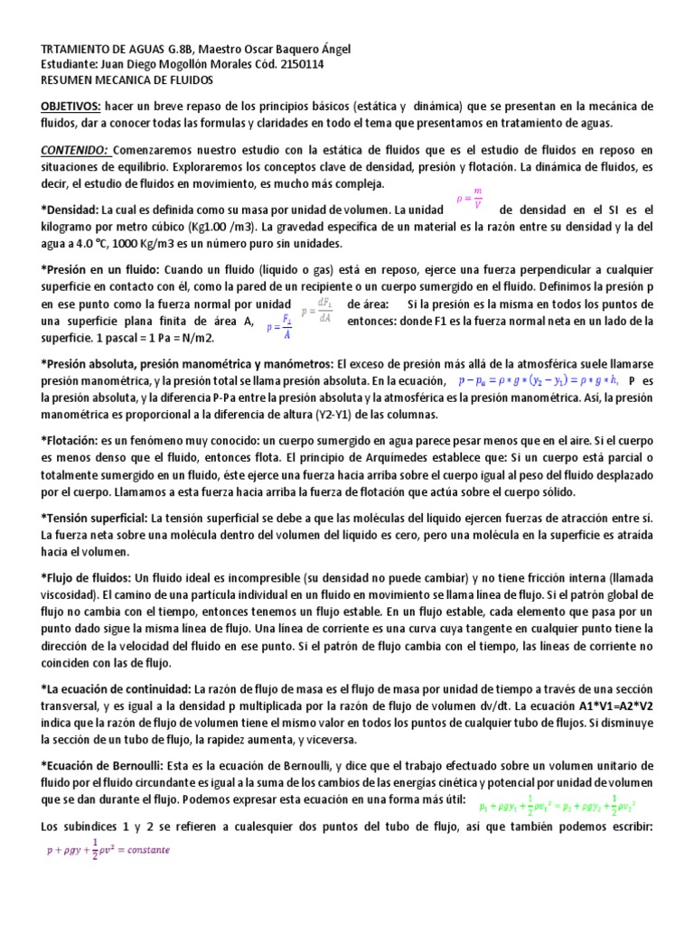 Resumen de los conceptos básicos de la mecánica de fluidos con énfasis en la estática y dinámica ...