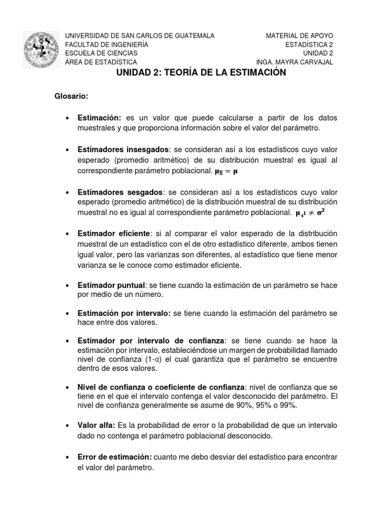 Resumen Unidad 2 | PDF | Intervalo de confianza | Estimador