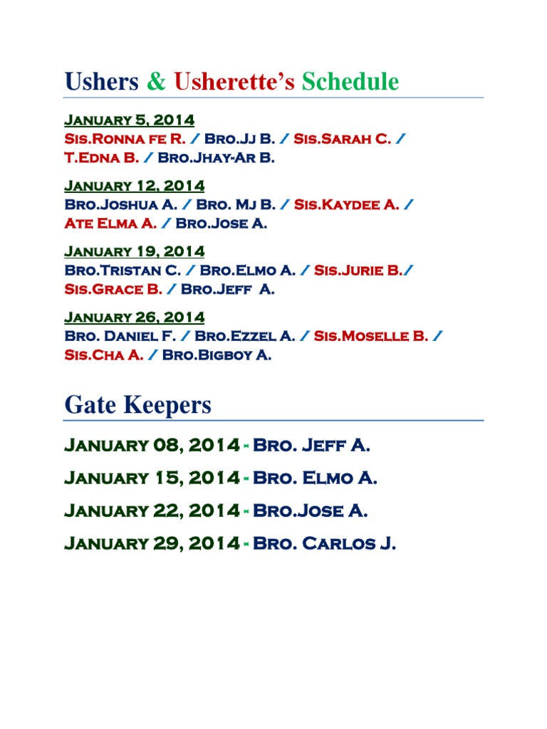 Ushers: & Schedule | PDF