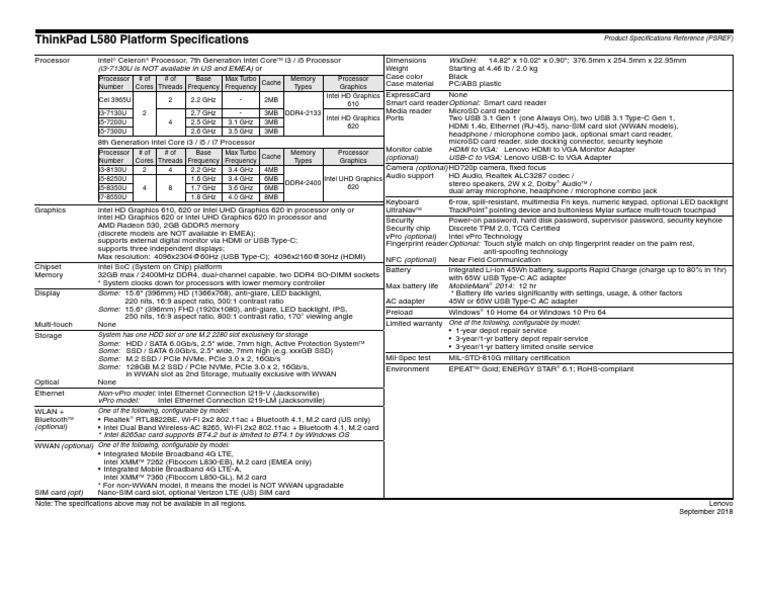 Thinkpad L580 Platform Specifications: Product Specifications Reference (Psref) | PDF | Hdmi ...