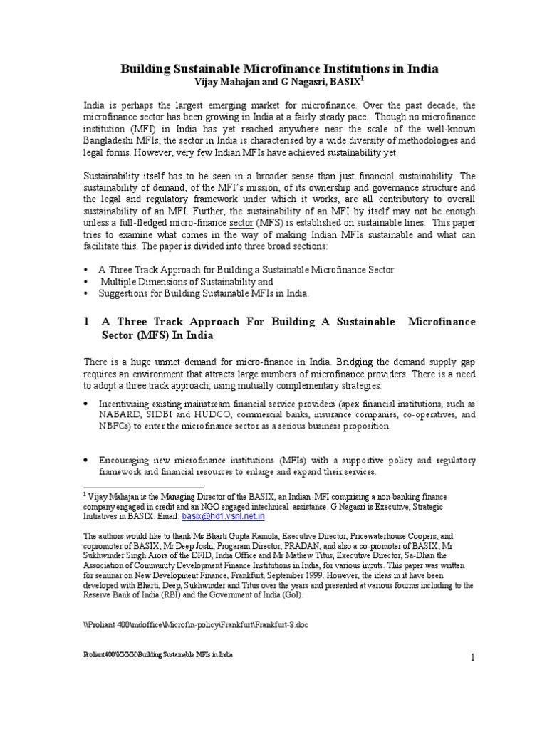 Building Sustainable Microfinance Institutions in India | PDF ...