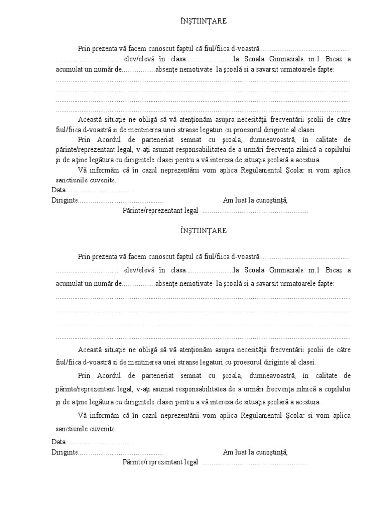 Model Instiintare Absente | PDF