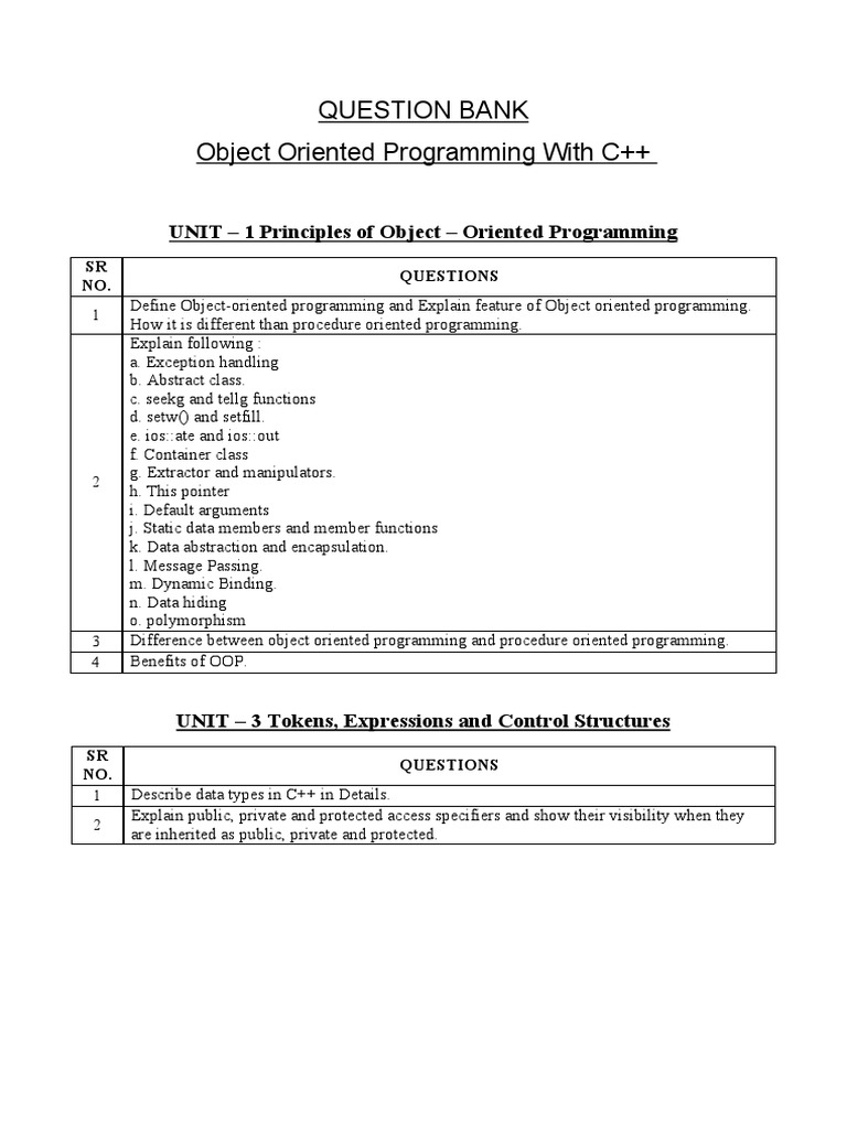 Question Bank Object Oriented Programming With C++ | PDF | C++ ...