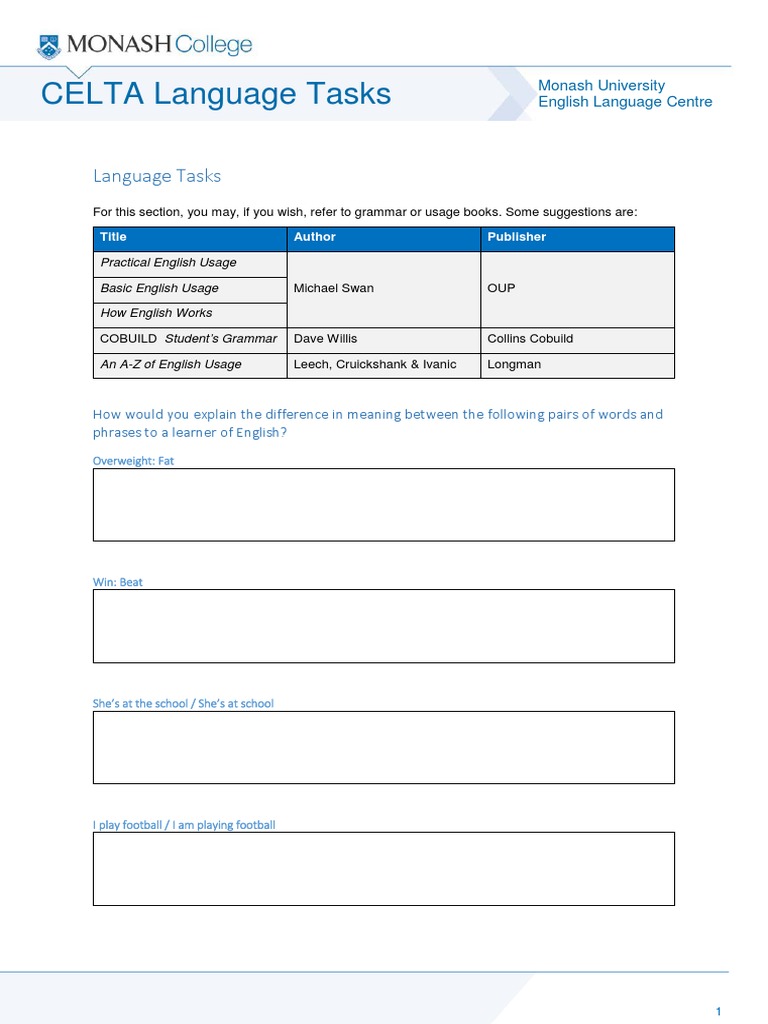 Monash CELTA Language Tasks | PDF | English Language | Verb