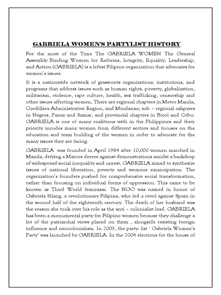 GABRIELA WOMEN’S PARTYLIST HISTORY AND ADVOCACY | PDF | Feminist ...