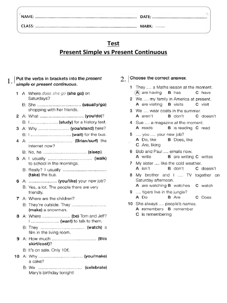 Test Present Simple Vs Continuous | PDF