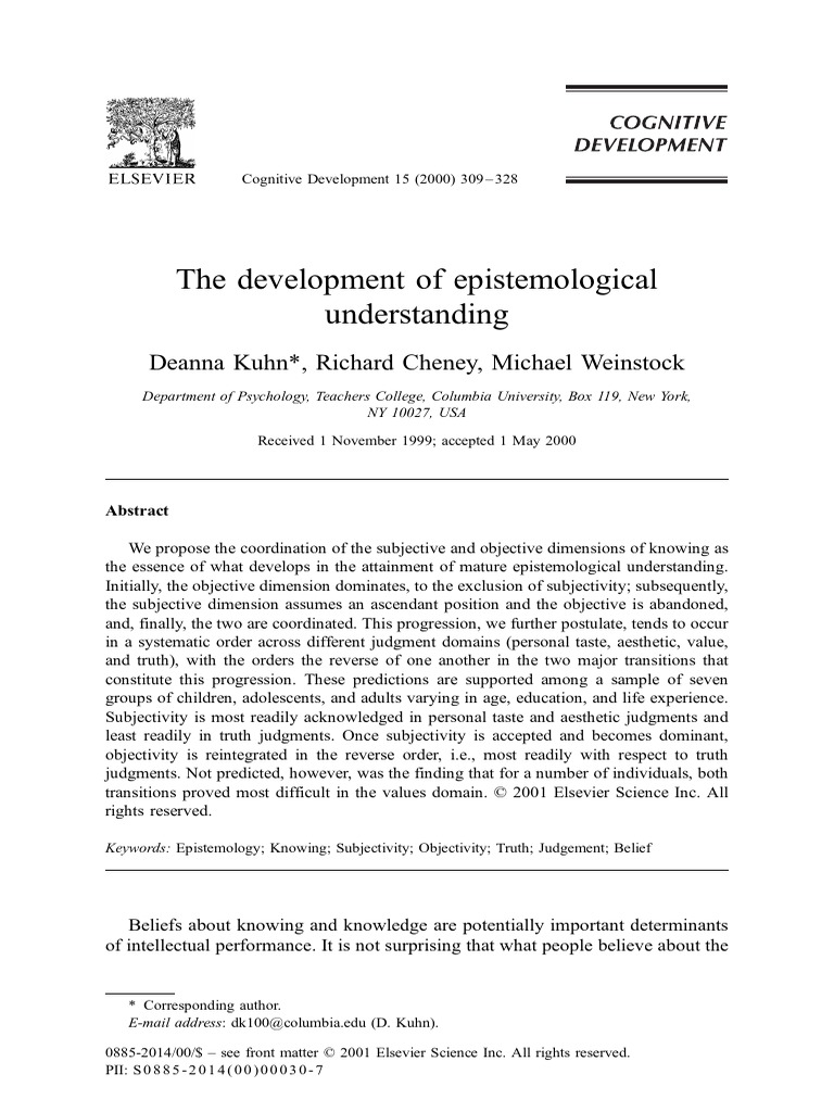 The Development of Epistemological Understanding: Deanna Kuhn, Richard ...