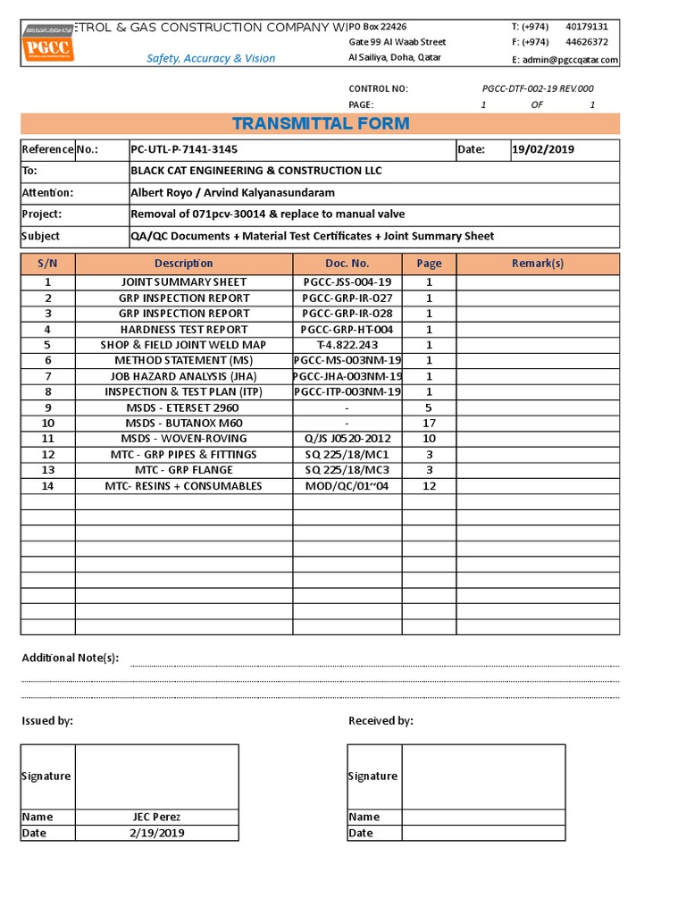 Document Transmittal To Black Cat - Dn80 | PDF | Mechanical Engineering ...