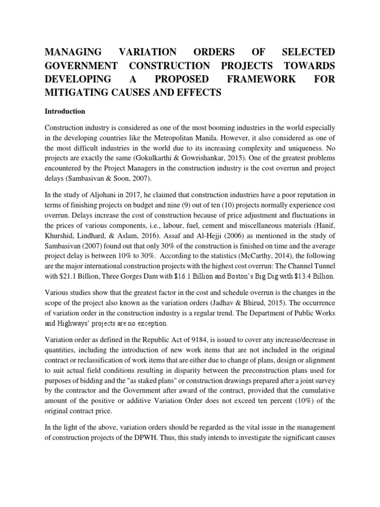 Causes and Effects of Variation Order To DPWH Projects (Rev. 2) | PDF ...
