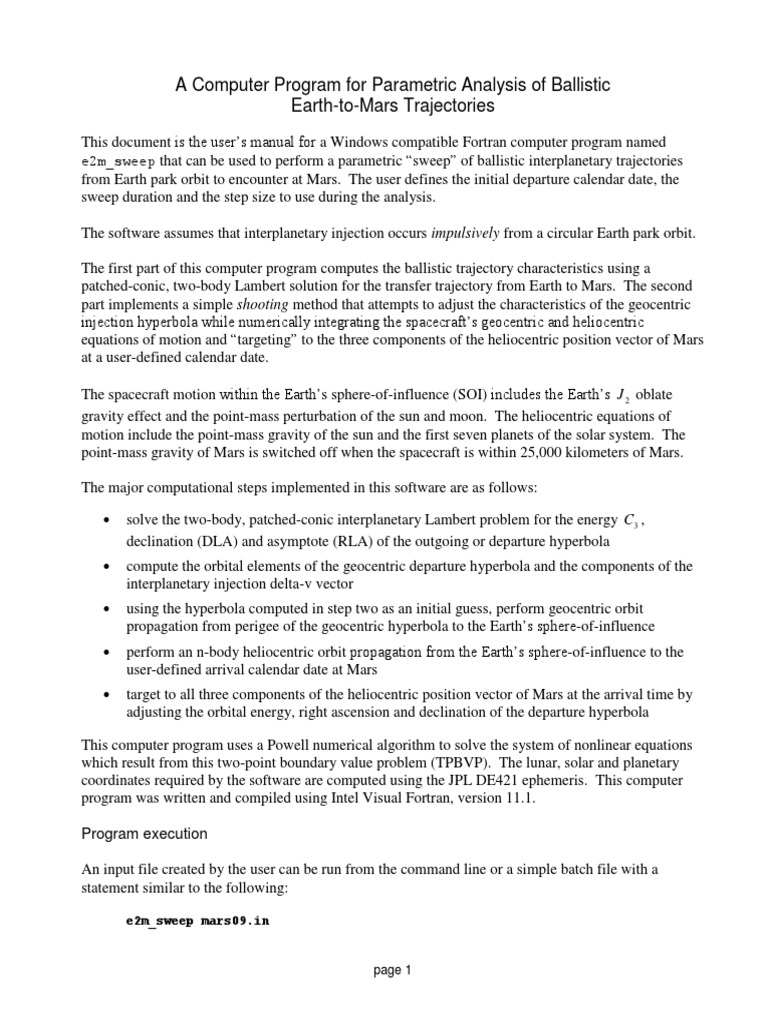 A Computer Program For Parametric Analysis of Ballistic Earth To Mars Trajectories | PDF | Orbit ...