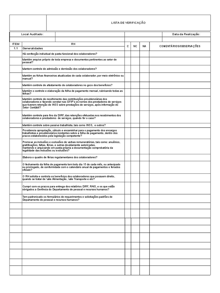 Check List Rh | Banco de Horas | Gestão de Recursos Humanos