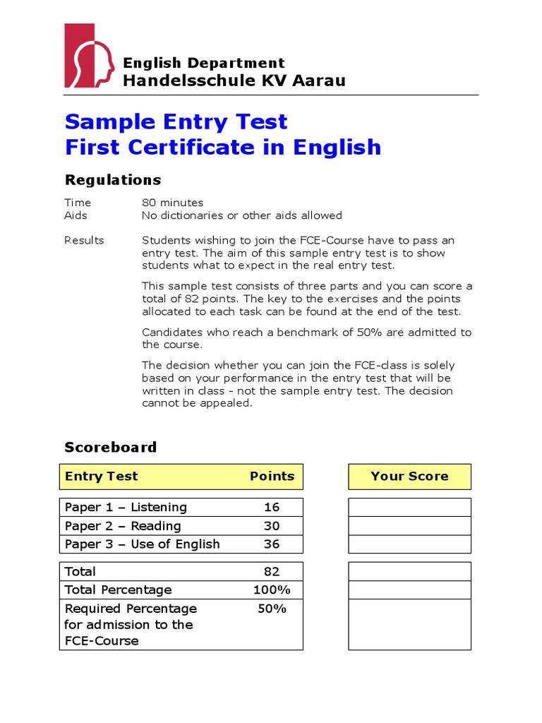 FCE Sample Entry Test Overview | PDF | Referee | Leisure
