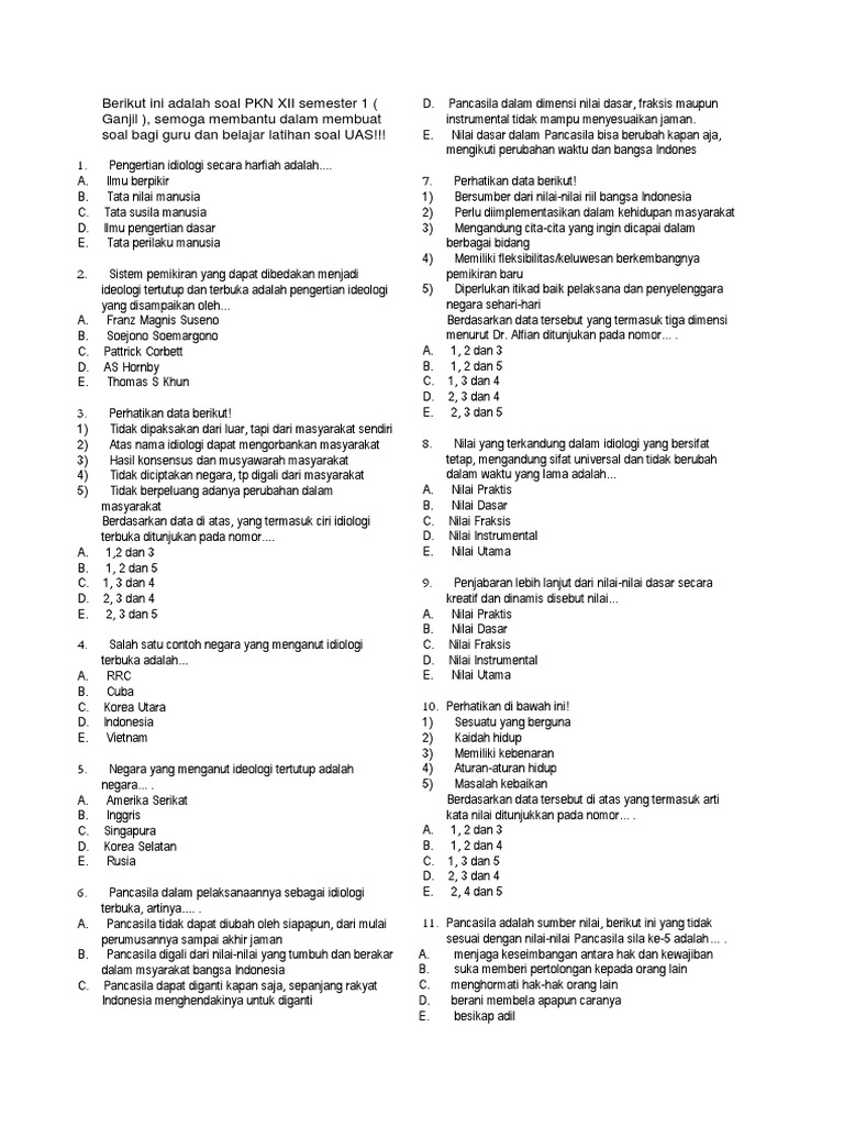 Soal PKN XII Semester 1 | PDF