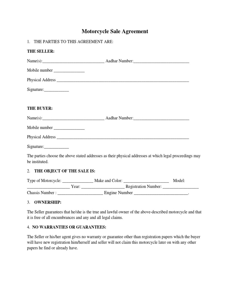 Motorcycle Sale Agreement: The Seller | PDF | Cheque | Sales