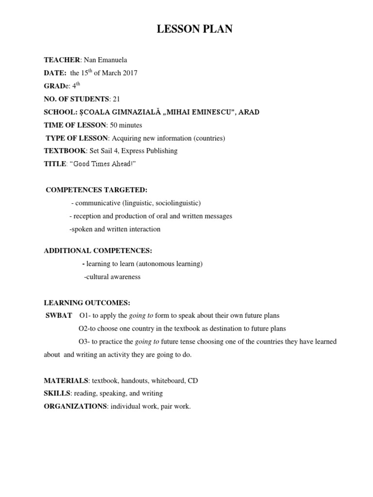 LESSON PLAN Set Sail 4 - Good Times Ahead! | PDF | Teaching | Linguistics