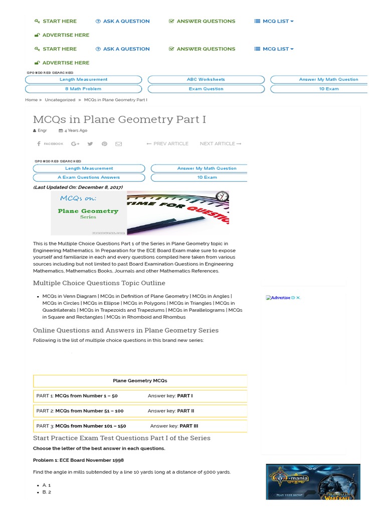 MCQs in Plane Geometry Part I | PDF | Area | Triangle