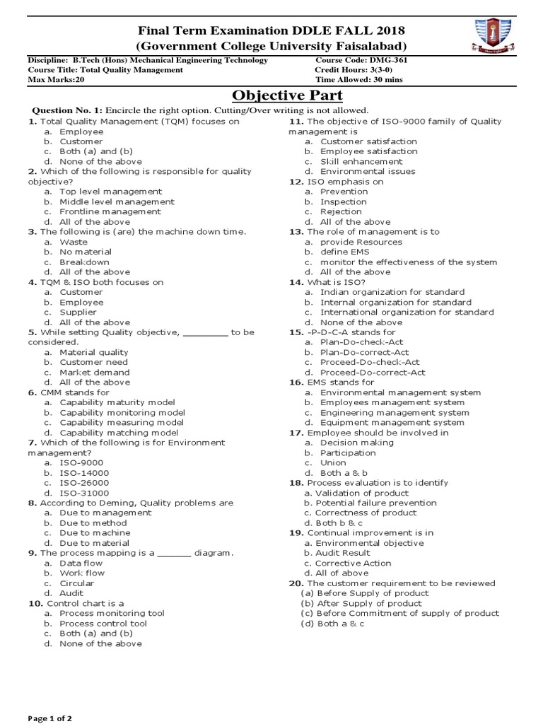 Final Exam TQM | PDF | Quality Management | Iso 9000