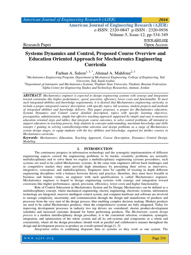 Systems Dynamics and Control, Proposed Course Overview and Education ...