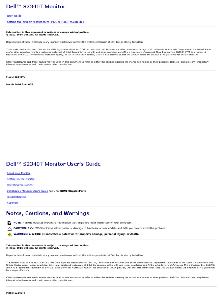 Dell-S2340t-Multi-Touch-Monitor - User's Guide - En-Us PDF | PDF ...
