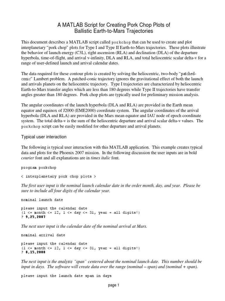 A Matlab Script For Creating Pork Chop Plots Of Ballistic Earth To Mars 5937