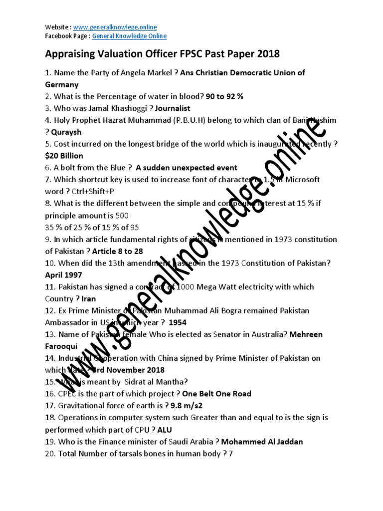 Appraising Valuation Officer FPSC Past Paper 2018 in PDF | PDF