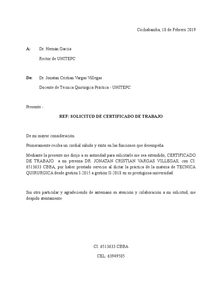 Certificado de Trabajo 2019 Solicitud